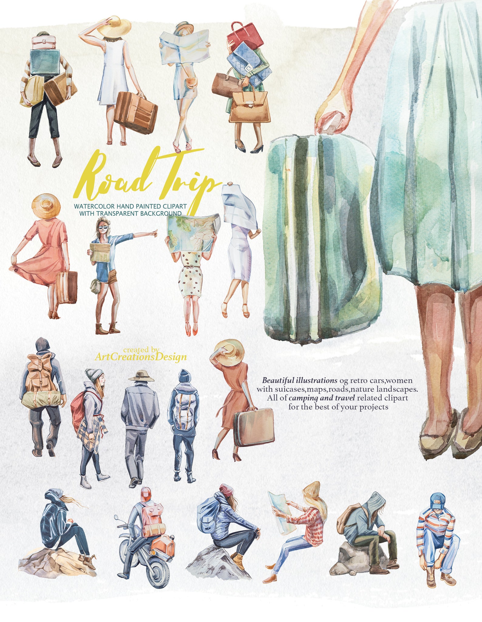 Watercolor Road Trip Clipart Set,camping Illustration, Travel Clipart ...