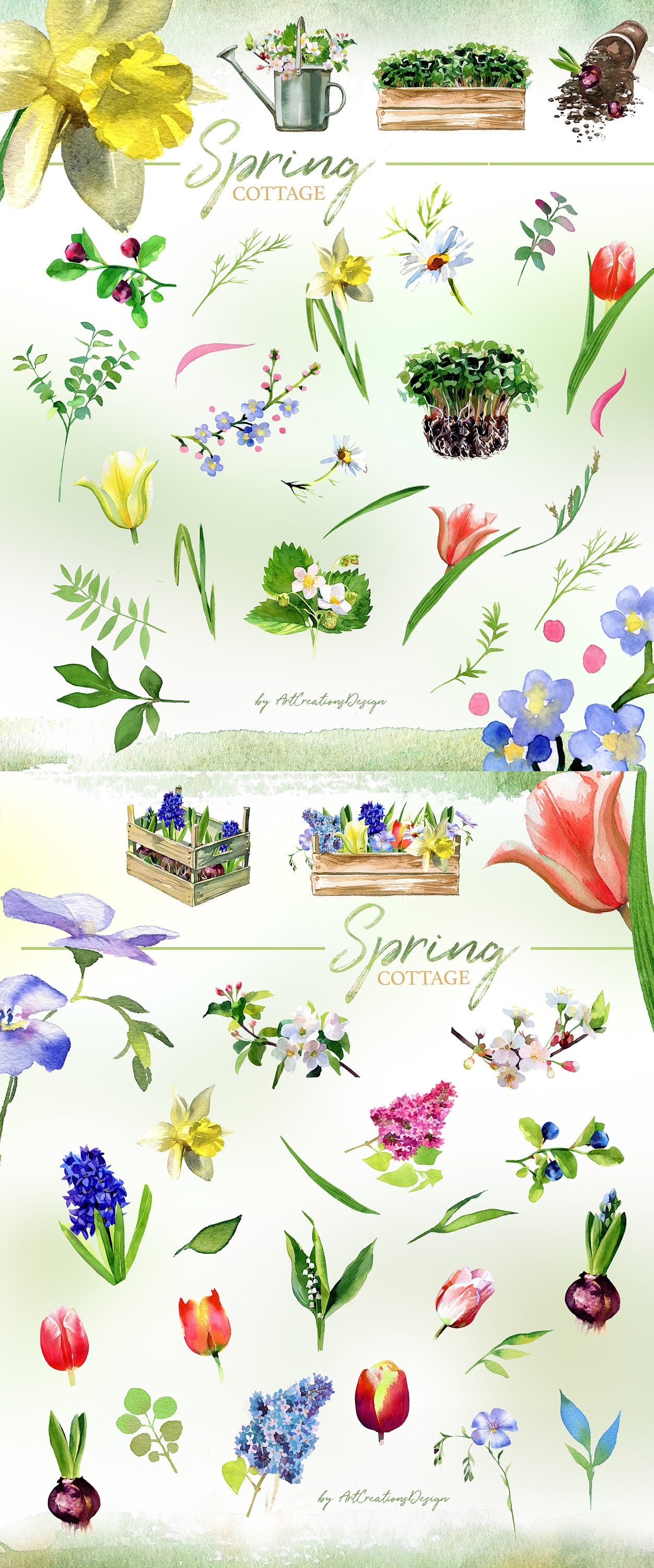 Watercolor Spring Cottage Clipart Set,garden Supplies,gardening,rustic ...