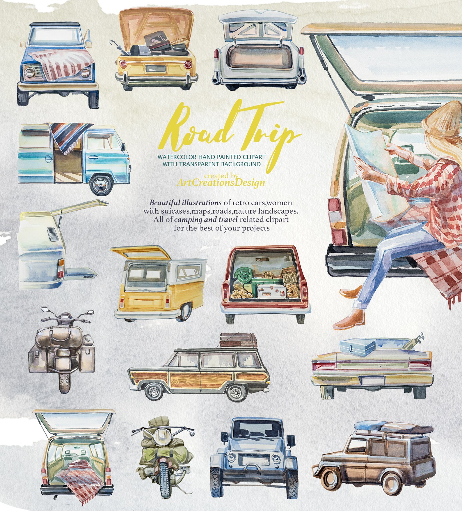 Watercolor Road Trip Clipart Set,camping Illustration, Travel Clipart ...