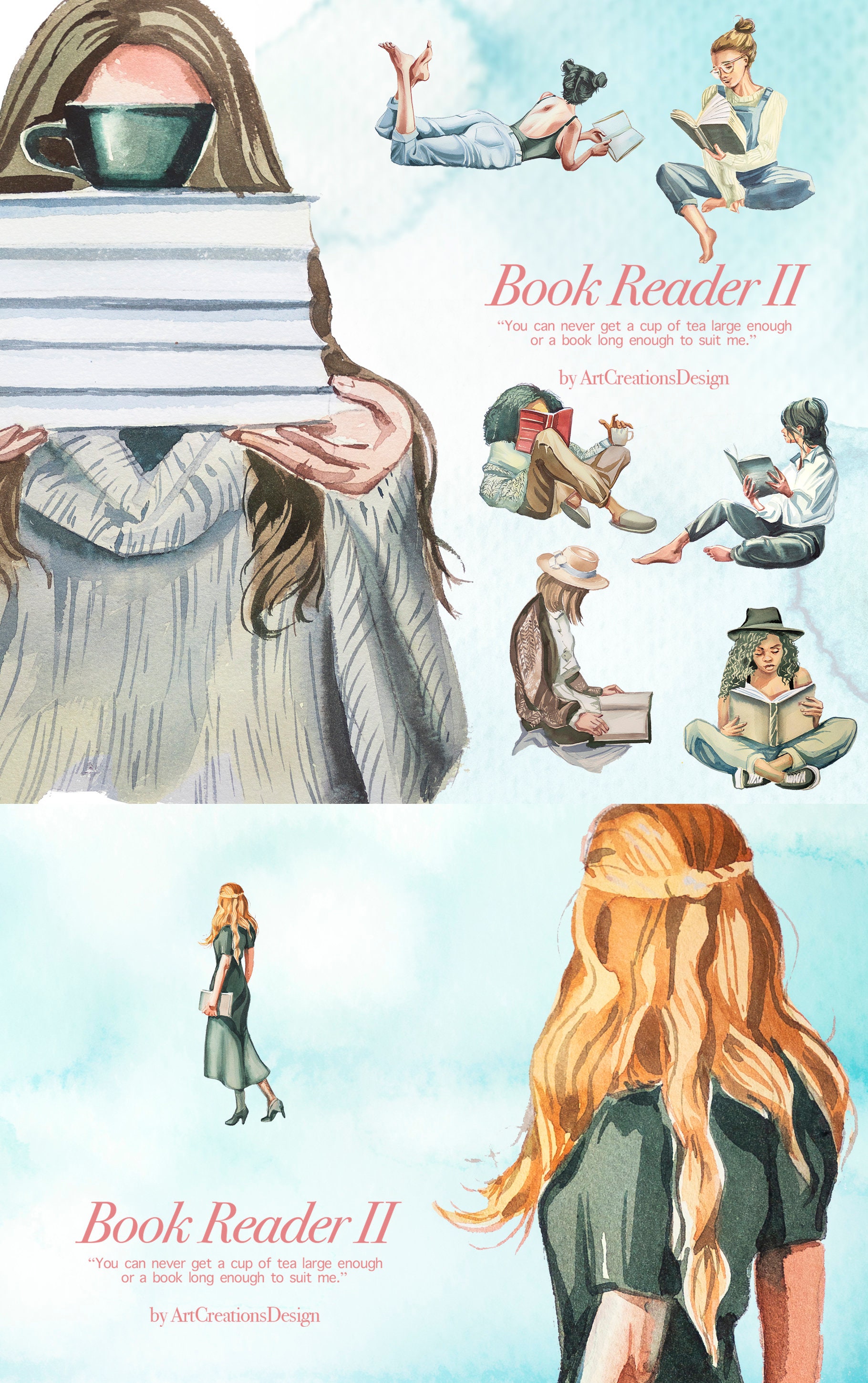 Watercolor Book Reader II Clipart Setbookwormbook Loverbook - Etsy