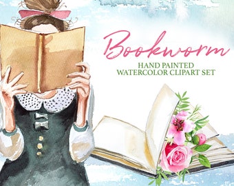 Watercolor Book Lover Clipart Setstudentgirl Reading a | Etsy