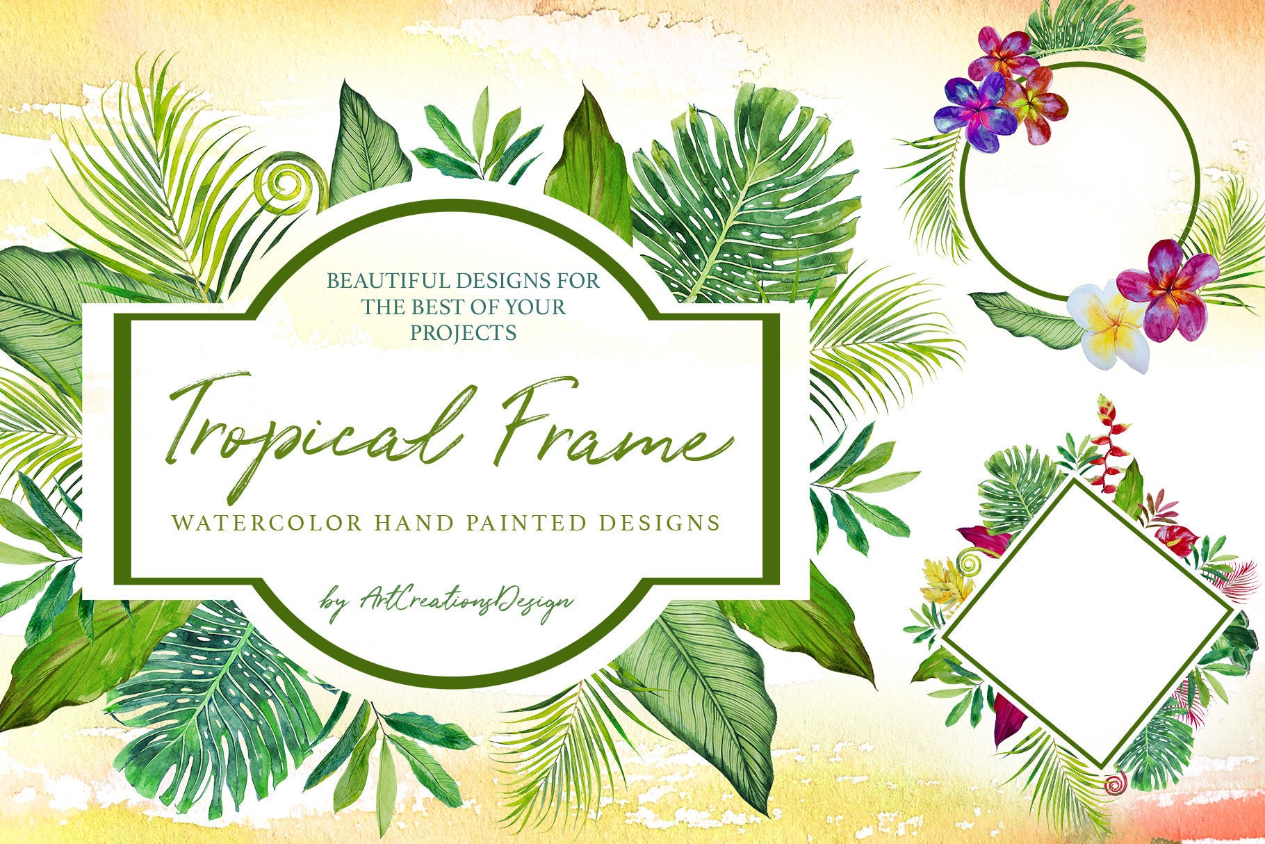 Watercolor Tropical Frames Clipart Setexotictropical | Etsy