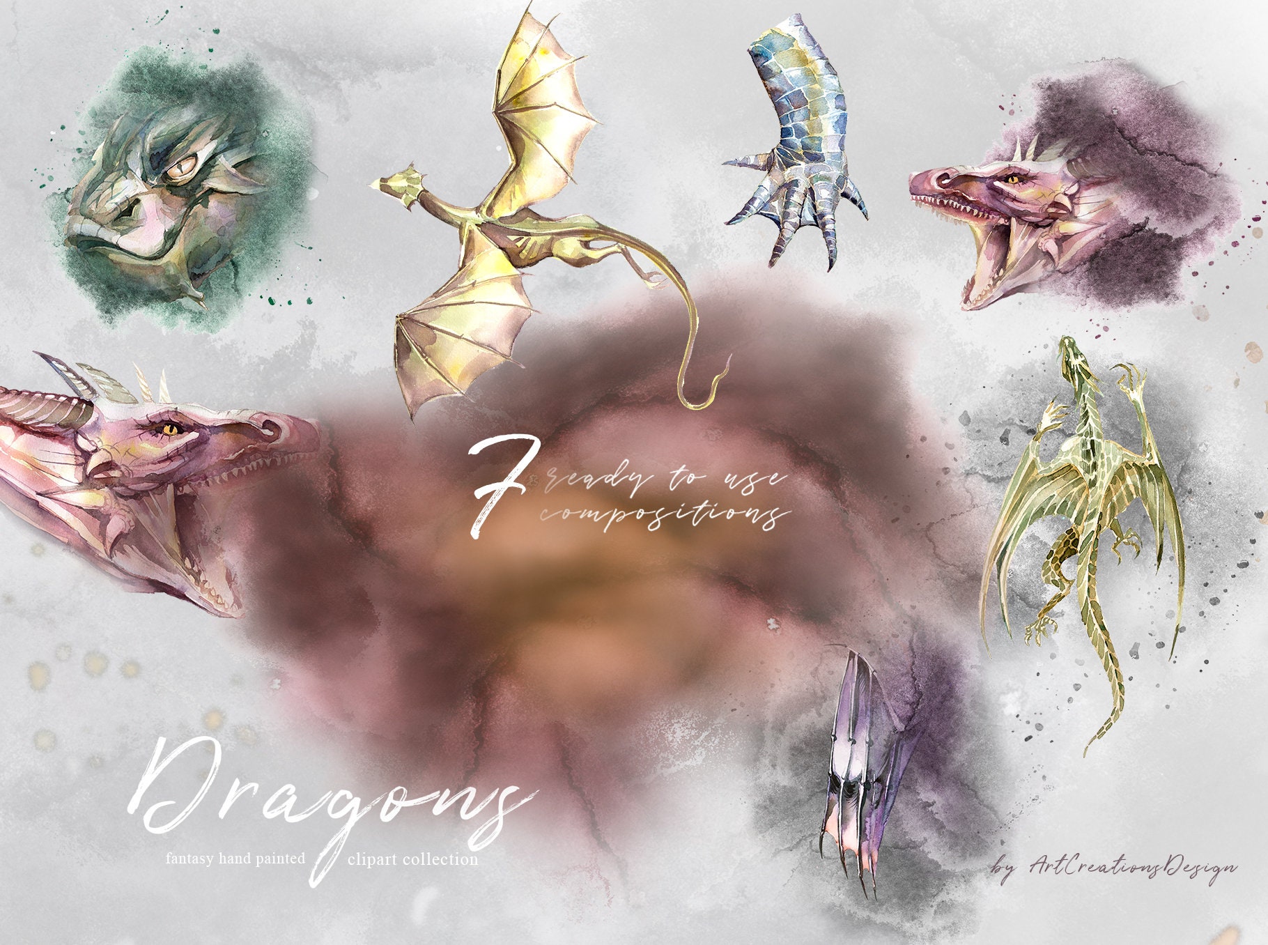 Watercolor Dragons Clipart - Etsy