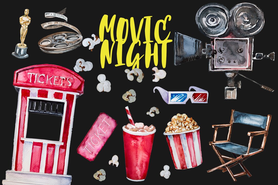 Watercolor Movie Night Clipart - Etsy