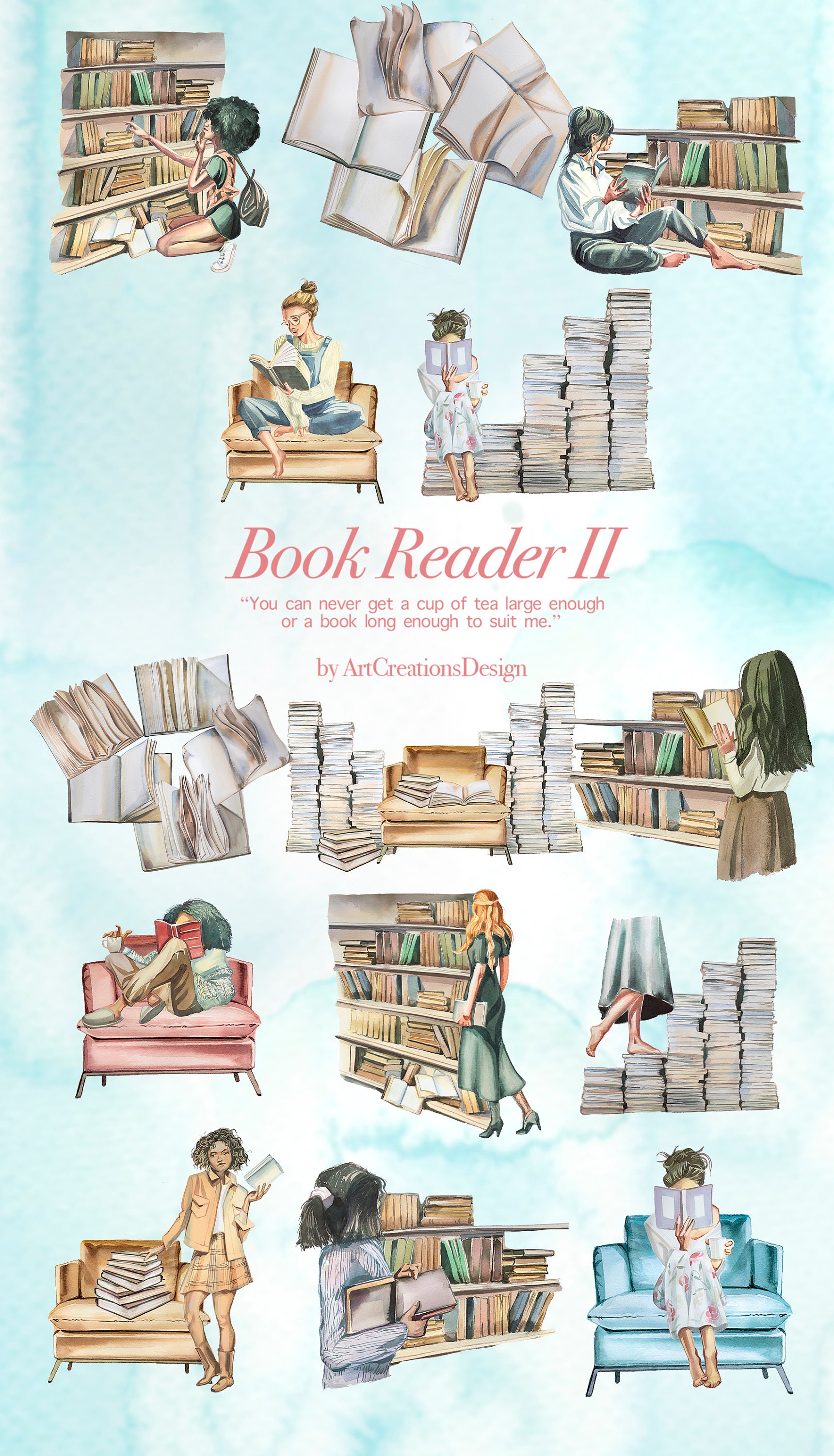 Watercolor Book Reader II Clipart Setbookwormbook Loverbook - Etsy