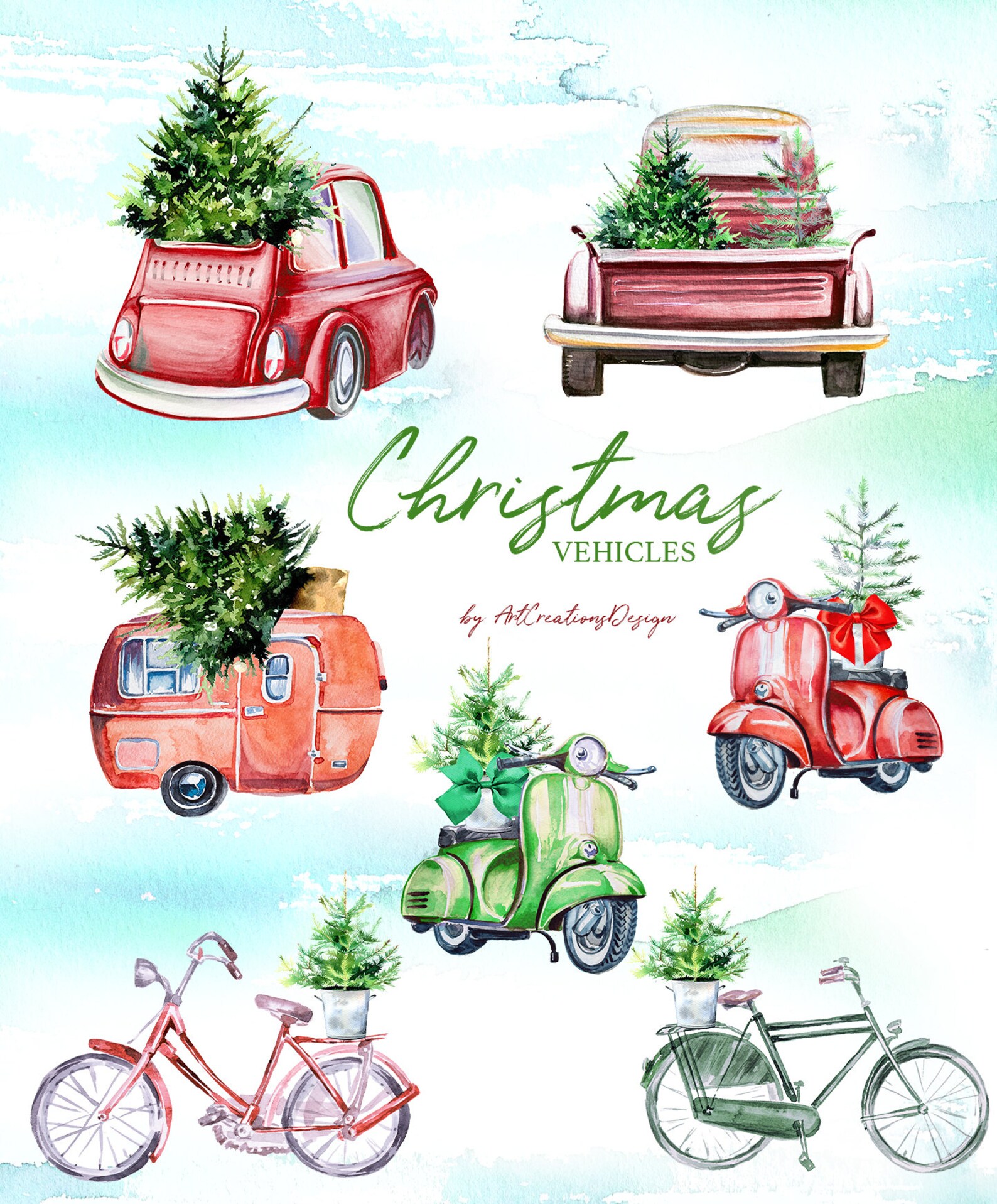 Watercolor Christmas Vehicle Clipart Setchristmas - Etsy