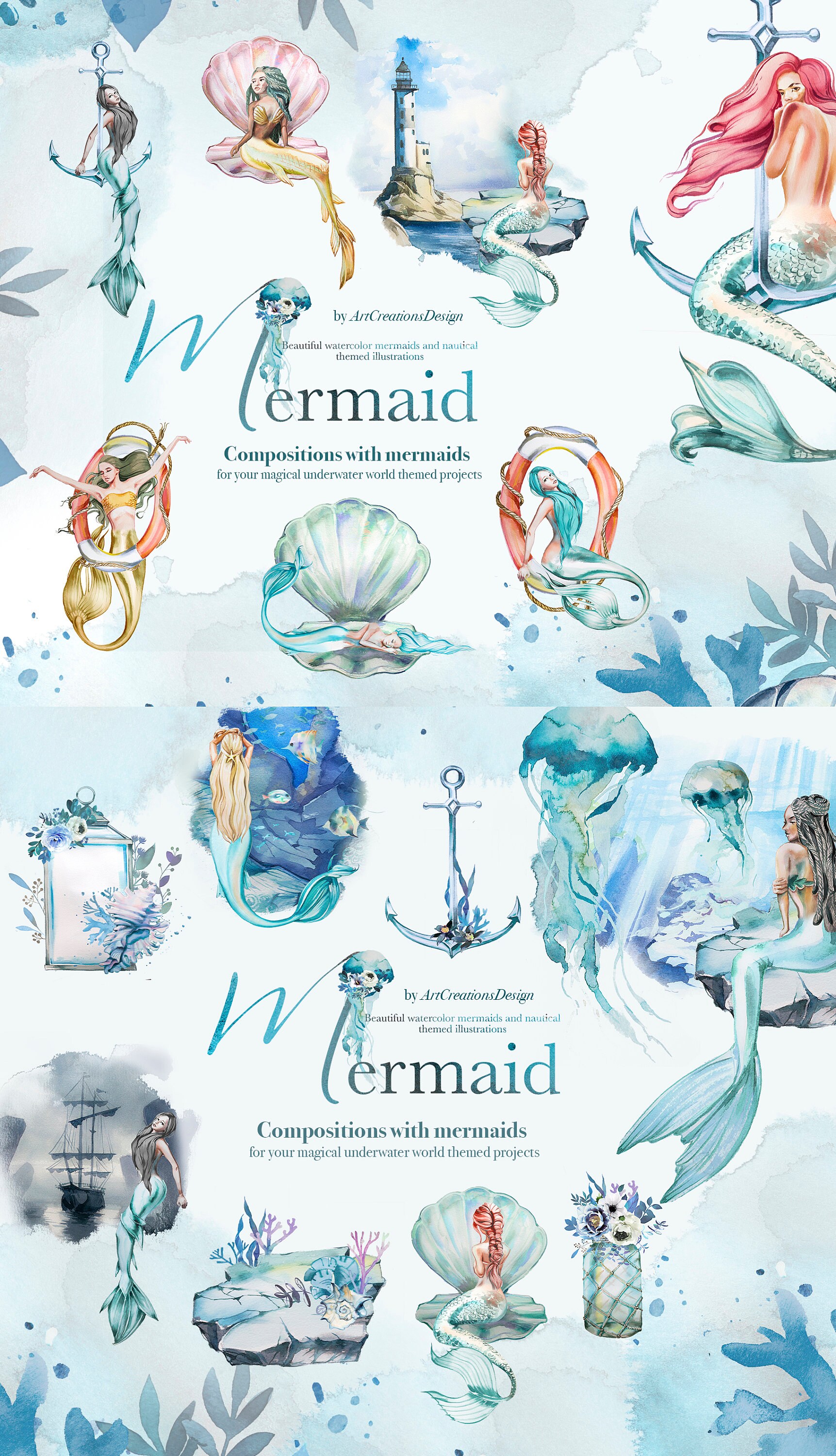 Watercolor Mermaid Clipart Setfairytale Illustrationmagic - Etsy Canada