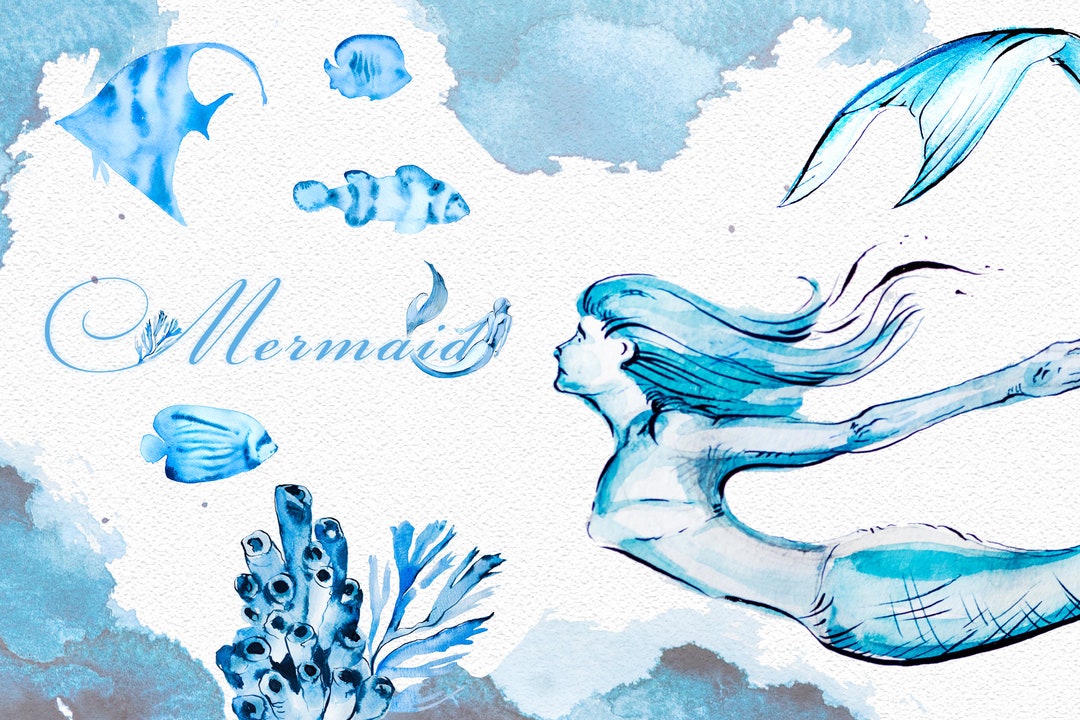 Watercolor Mermaid Clipart Setunder the Seacreaturefishsea - Etsy