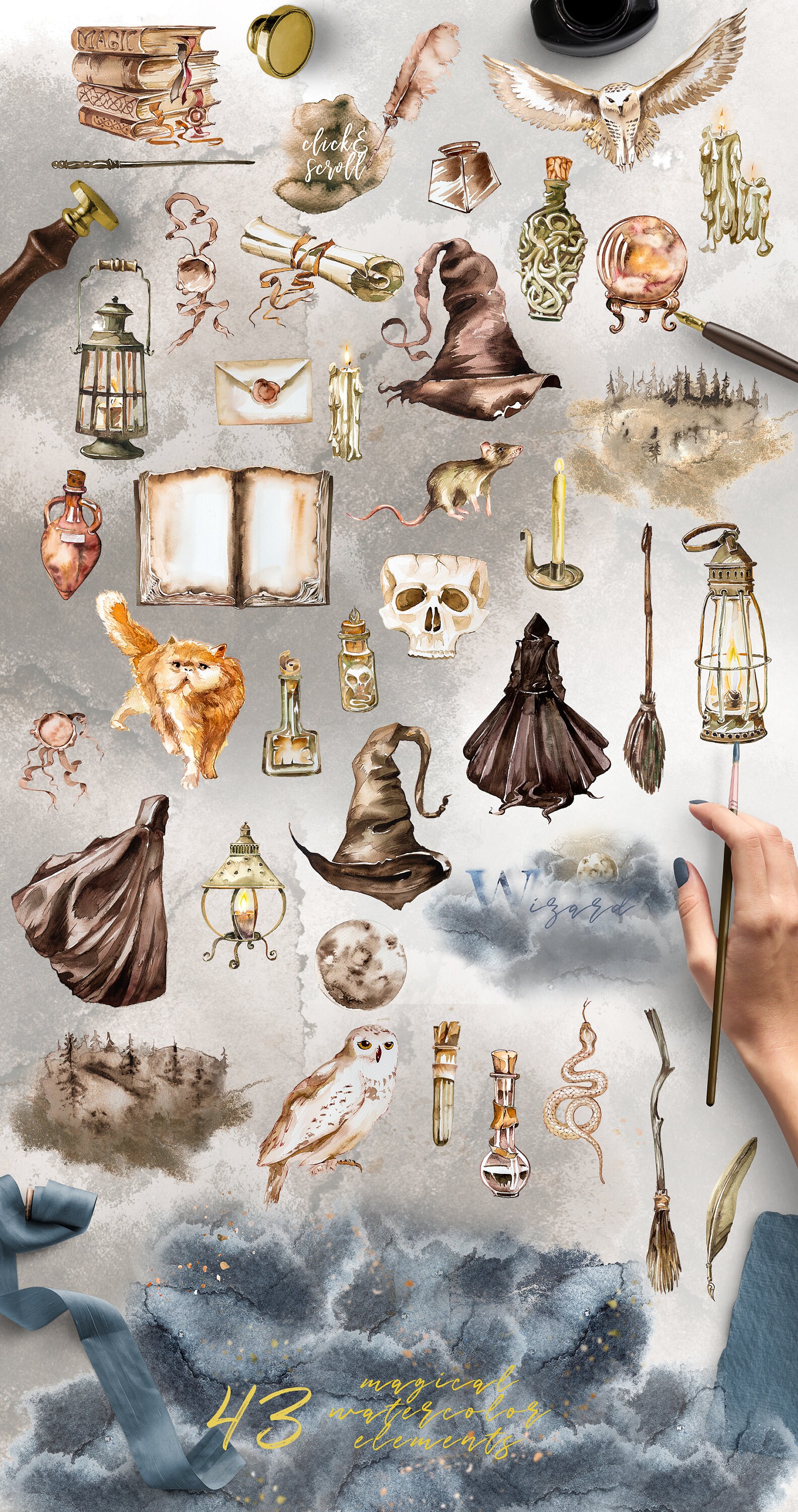 Watercolor Wizard Clipart Setmagicianmagic Worldowlwitch - Etsy