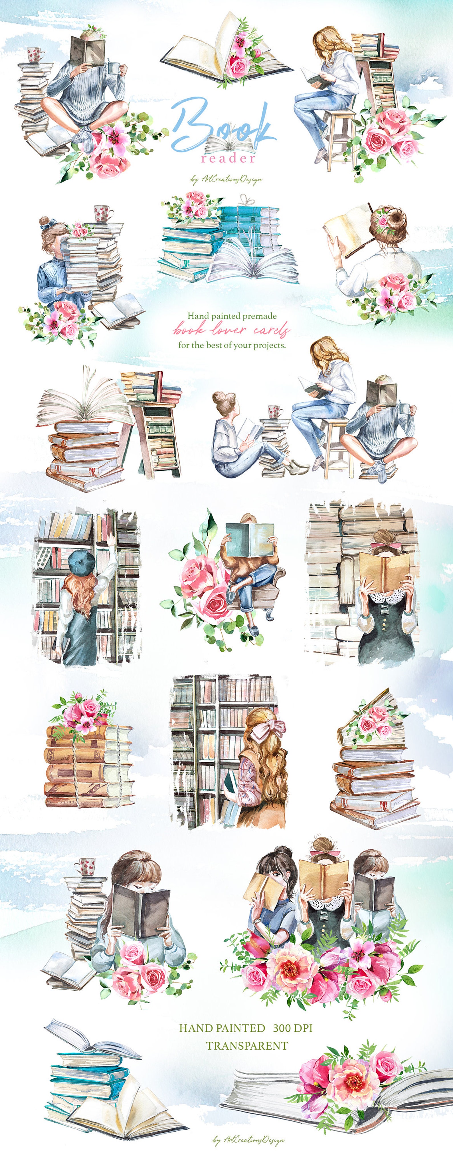 Watercolor Book Reader Clipart Setbookwormbook Loverbook - Etsy