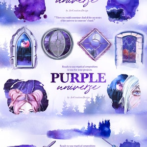 Watercolor Purple Universe Clipart Set,magic,wizard,magical ...