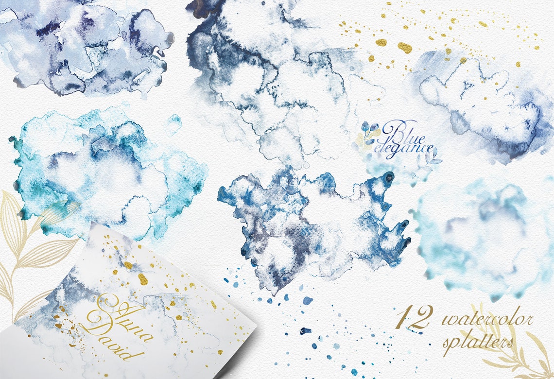 Watercolor Blue and Gold Clipart Setgoldelegant - Etsy