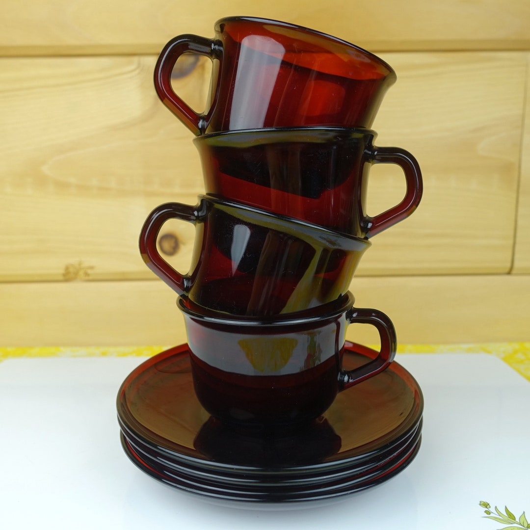 4 Arcoroc 4-ounce Cups and Saucers, Ruby Classique, Mismatched - Etsy