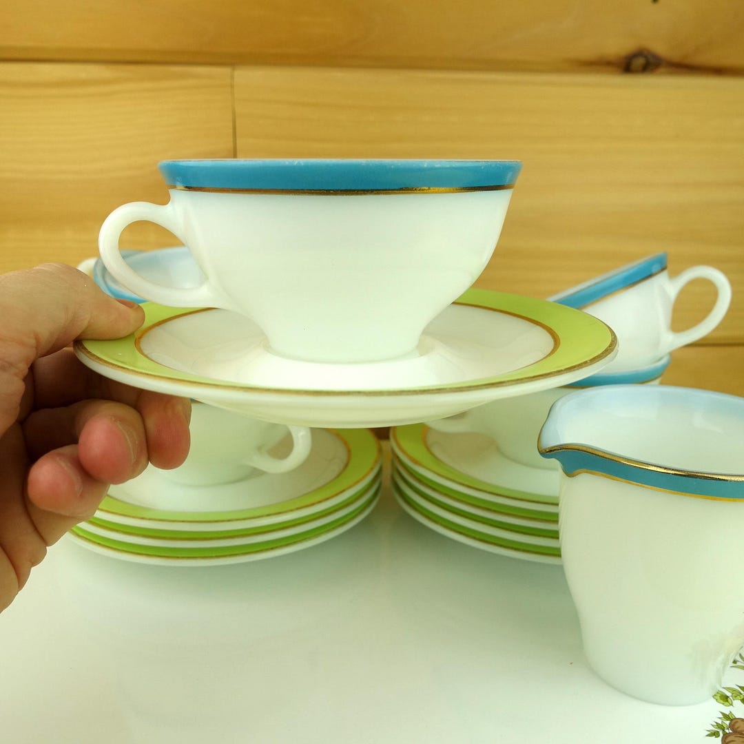 Mismatched Coffee Set, Turquoise Blue With Gold Band Cups & Creamer ...