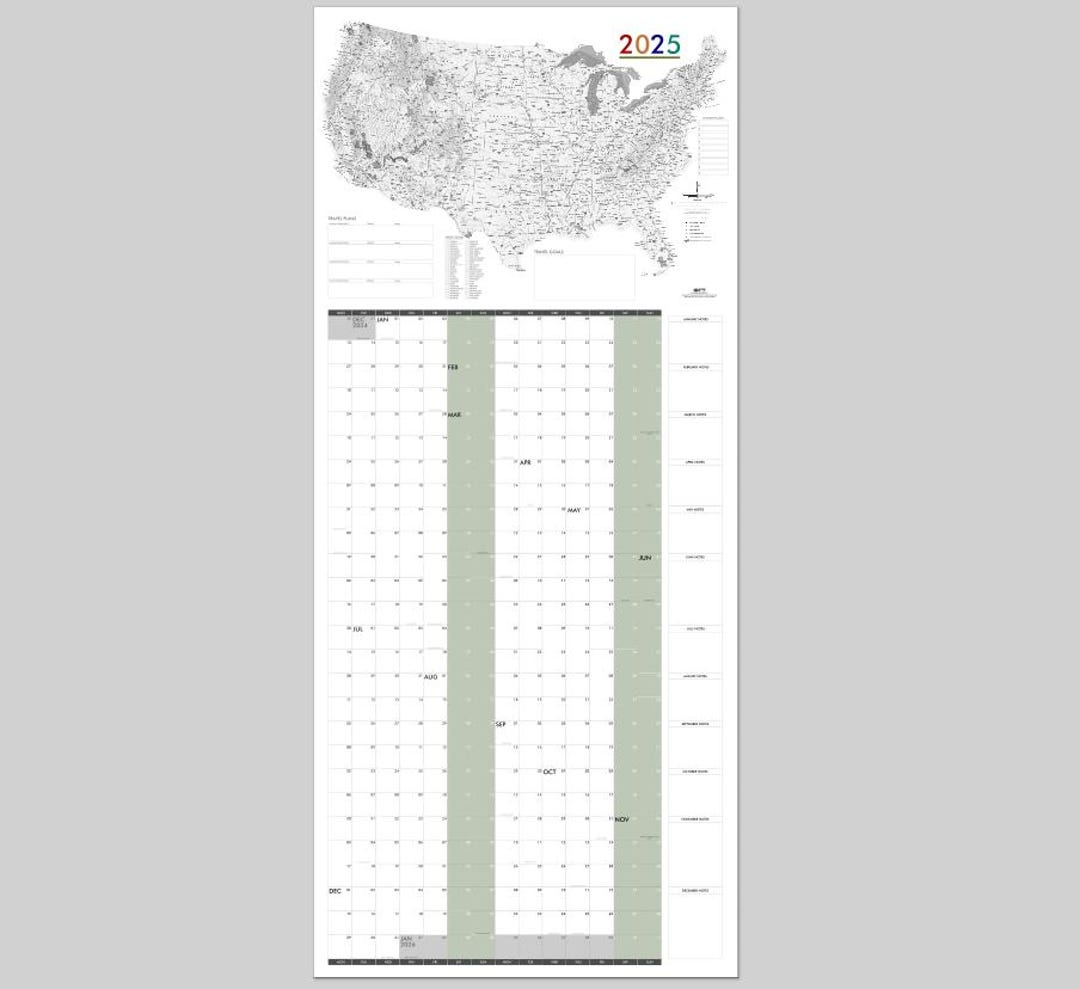 PRINTABLE YEAR 2025 28" X 64" All-in-one Map Calendar - Aligned ...