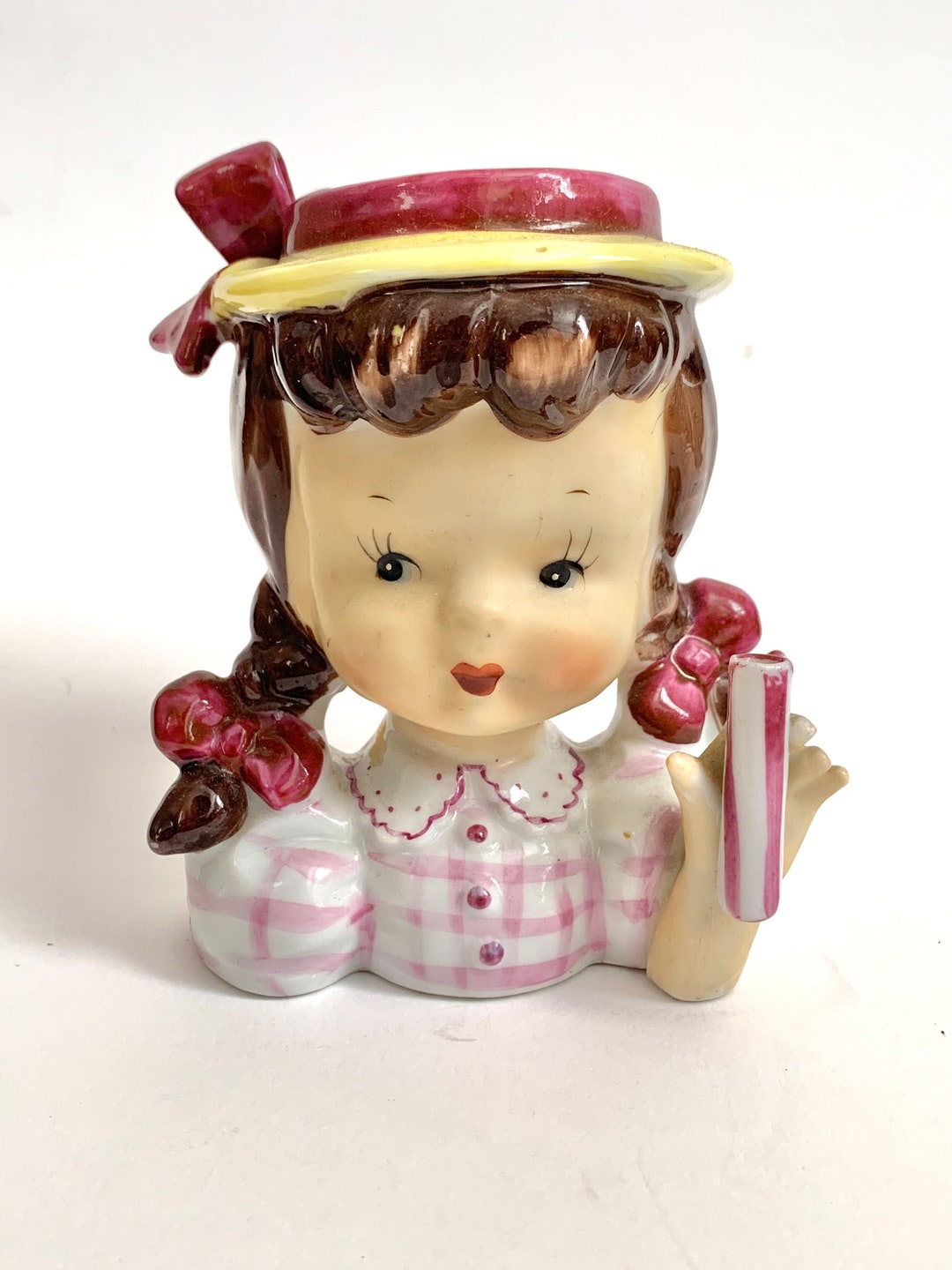 Vintage 1950s Napco Japan Pigtail Ceramic Girl Head Vase Pink Gingham ...
