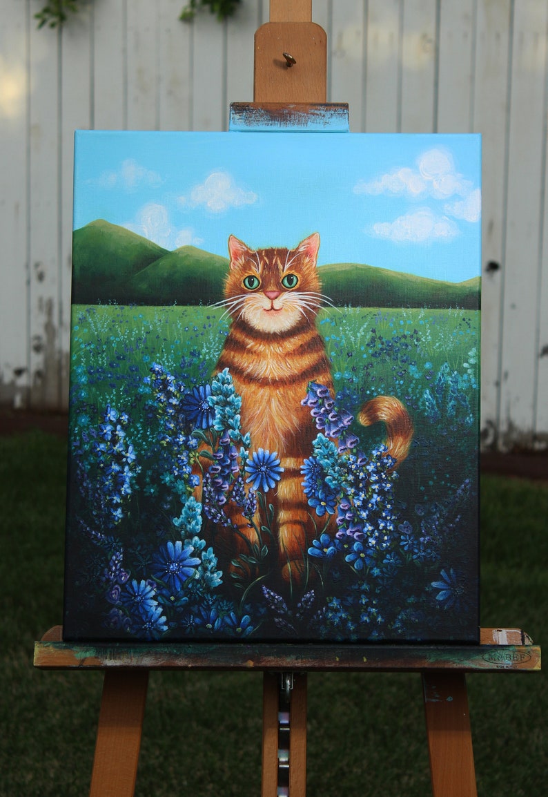 Butch, Orange Tabby Cat in Blue Flowers Painting, Michigan Wildflowers ...