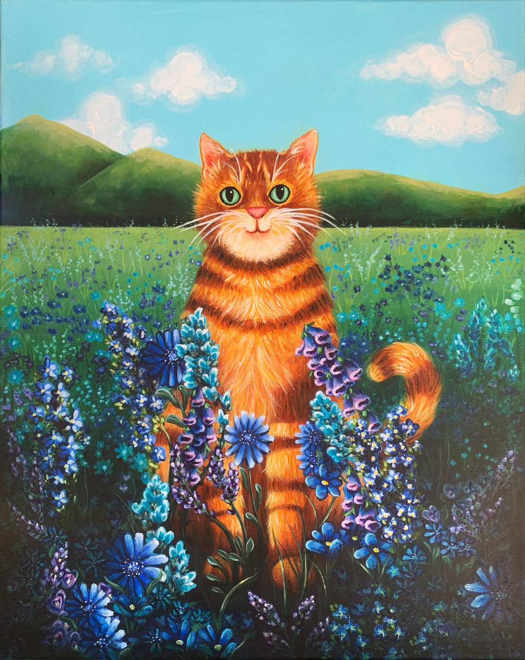Butch, Orange Tabby Cat in Blue Flowers Painting, Michigan Wildflowers ...