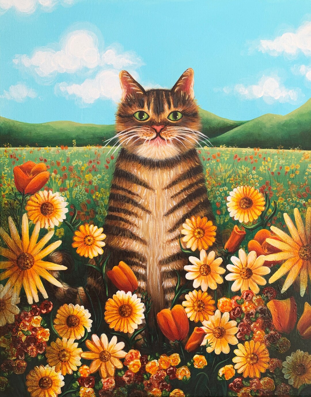 Mookie, Brown Tabby Cat in Yellow Flowers Painting - Etsy