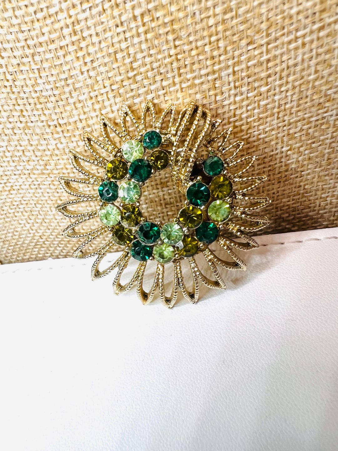 Vintage Gold Tone Brooch Green Rhinestones - Etsy