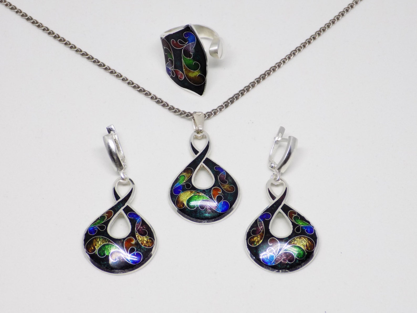 Enamel Silver Jewelry Set Statement Jewelry Silver Earrings | Etsy