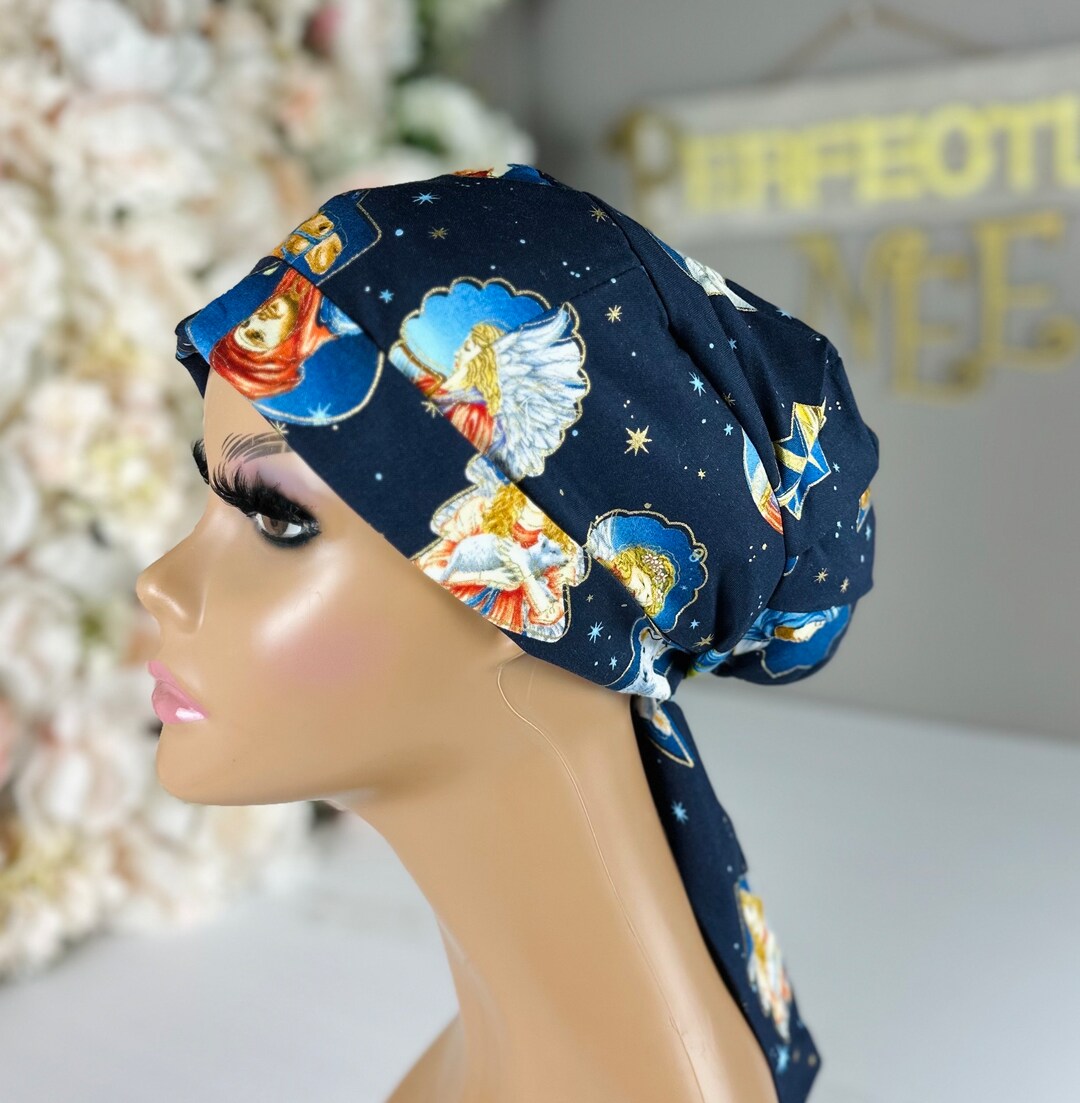Angles, Spiritual on Navy Blue Tie Back With Pleats Scrub Hat, Surgical ...