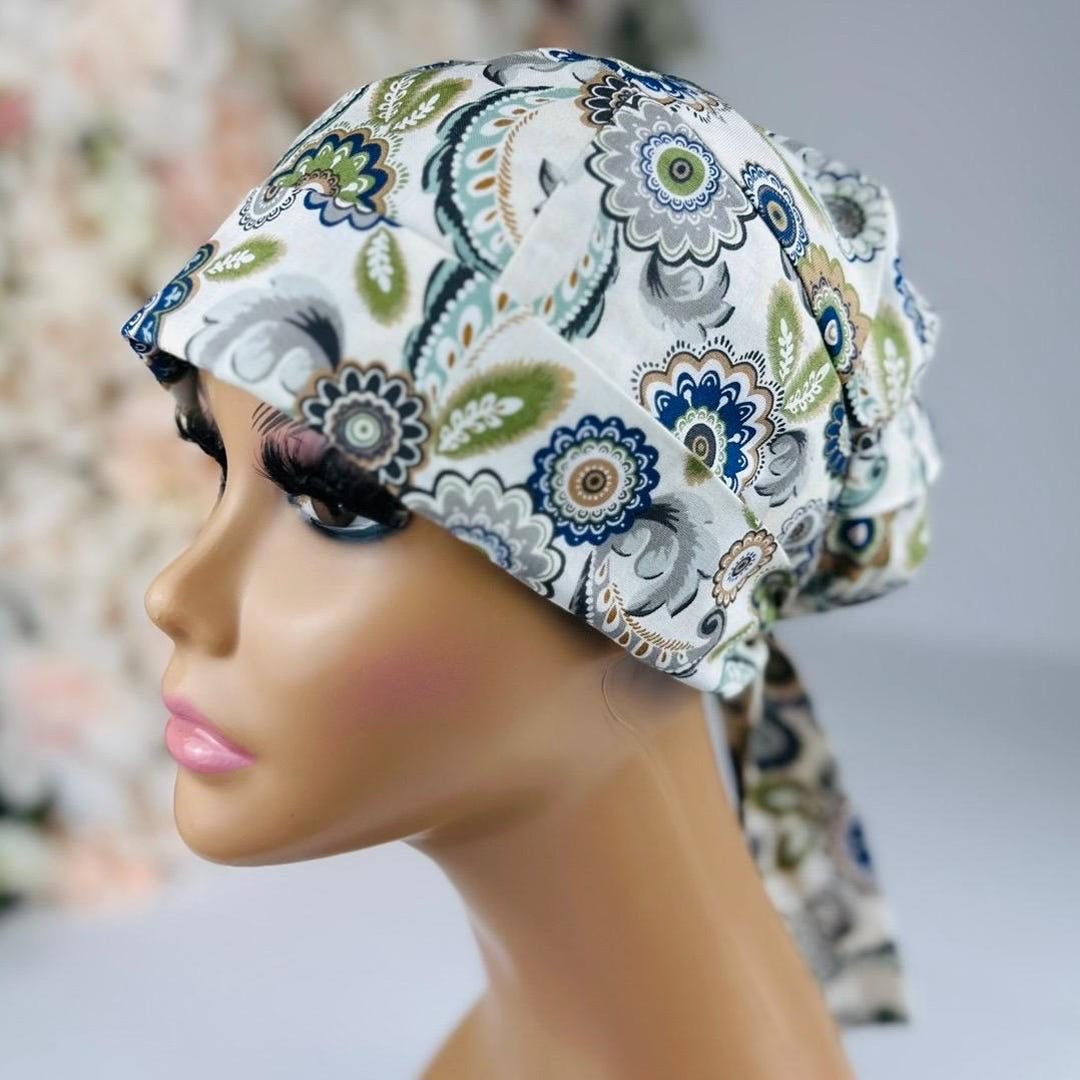 Blue Floral Women Scrub Hat Tie Back With Pleats Scrub Hat for Women ...