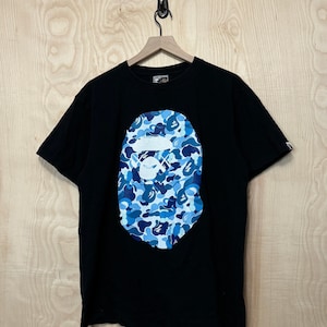 Vintage Y2K Bape Kaws Blue Camouflage Head Black Cotton T Shirt Size ...