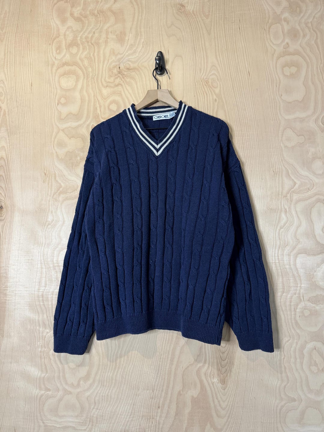 Vintage 90s Cherokee Navy Blue V Neck Cable Knit Sweater Size XXL - Etsy