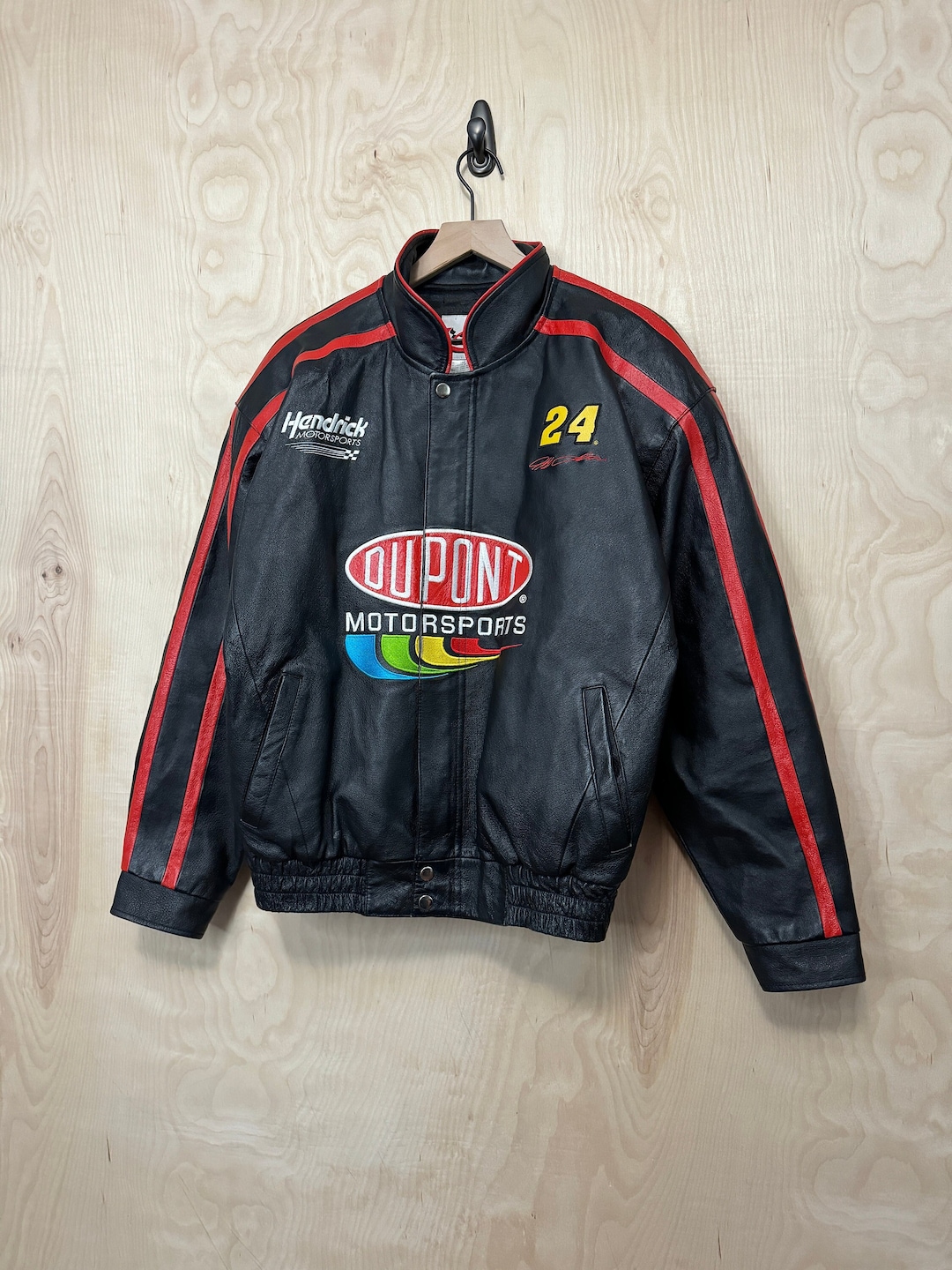 Vintage Jeff Gordon Dupont Chase Embroidered Black Leather Jacket Size ...
