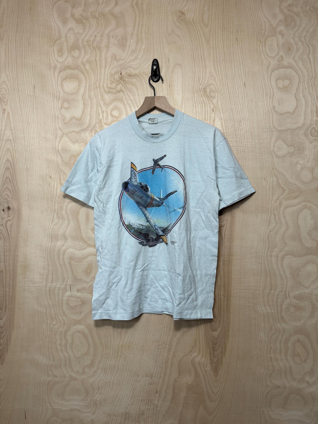 Vintage 80s F-86F Sabre Fighter Jet Art Graphic Baby Blue Cotton T ...