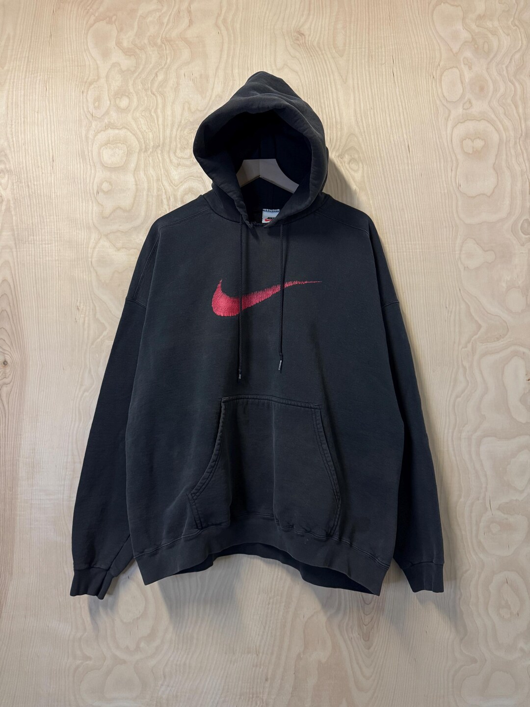 Vintage 90s Nike Swoosh Check Logo Graphic Black Hoodie Sweatshirt Size ...