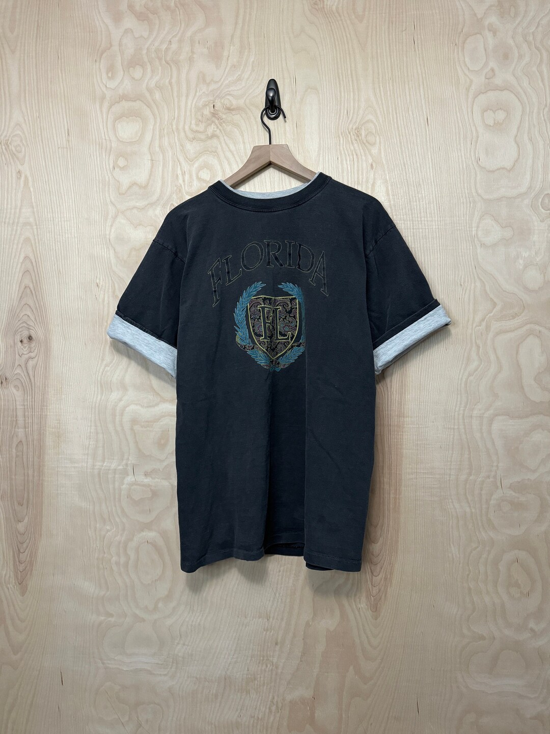 Vintage 90s Florida Spell Out Crest Double Sleeved Black Cotton T Shirt ...