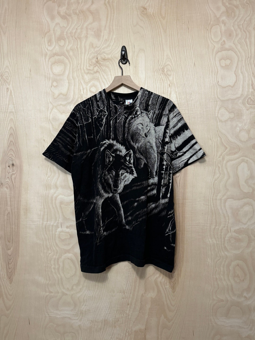 Vintage 90s Wolves Art All Over Print Black Cotton T Shirt Size XL - Etsy