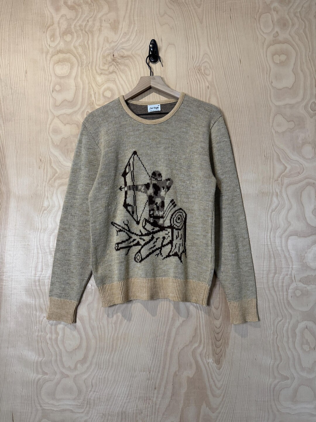 Vintage Bow Hunting Picture Knit Bob Fratzke Tan Acrylic Crewneck Knit ...