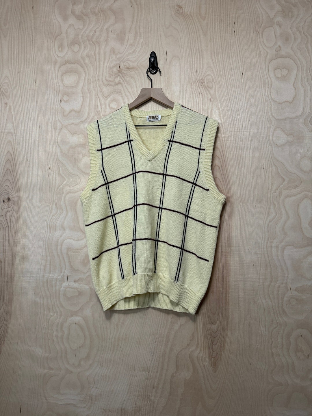 Vintage 80s Aureus Window Pane Plaid Cream Acrylic Knit Sweater Vest ...