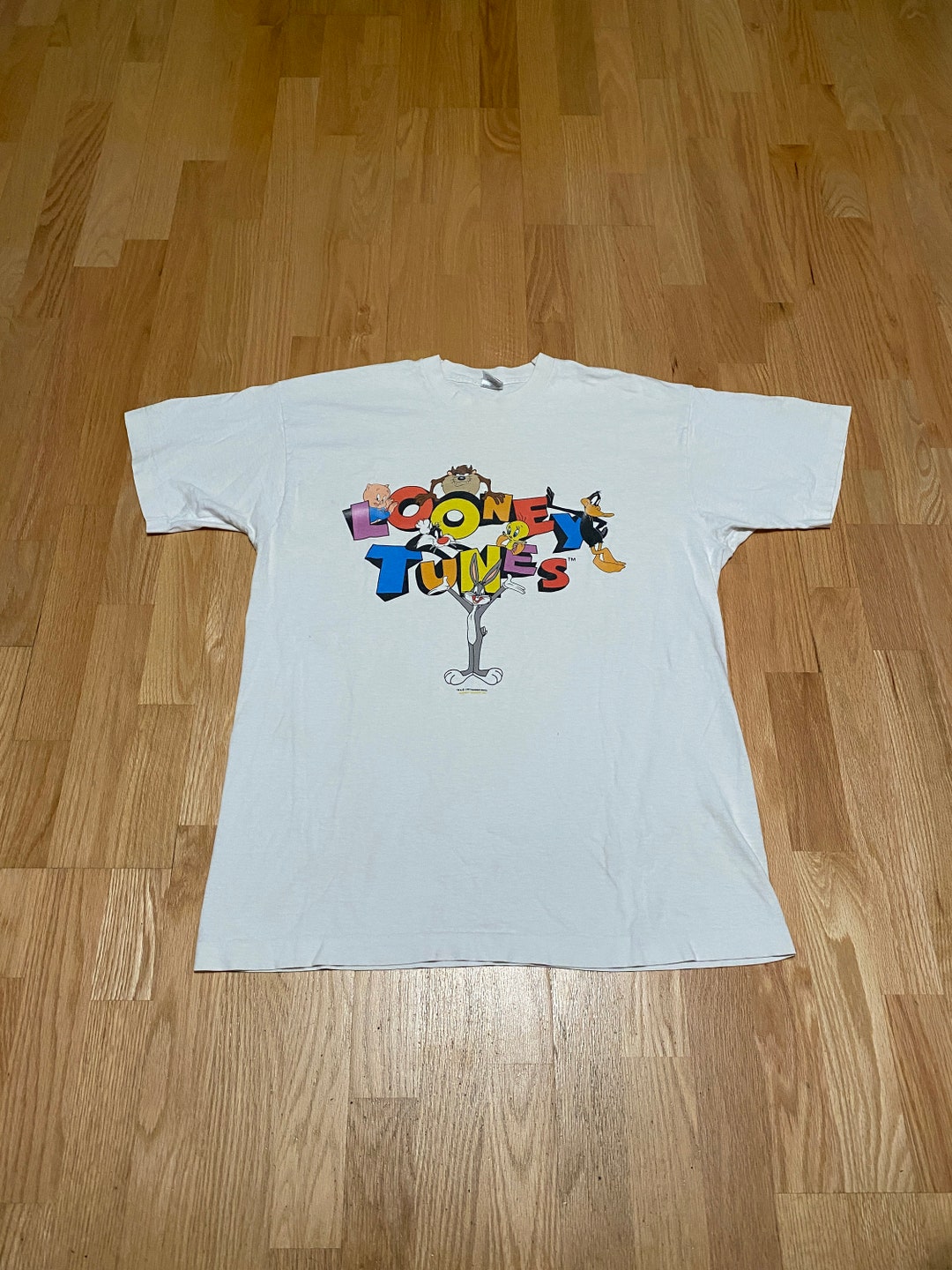 Vintage 90s Looney Tunes Character Spell Out White Cotton T Shirt Size ...