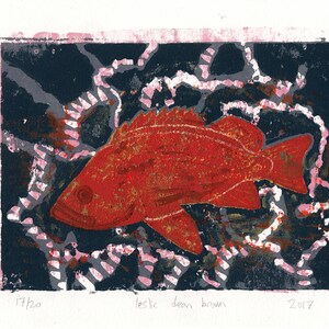 Red Banded Vermillion Rock Fish Rockfish Lino Print Linoleum ...