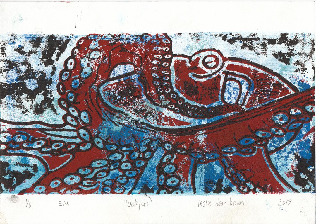 Giant Pacific Red Octopus Lino Print Art — Original Limited Edition ...