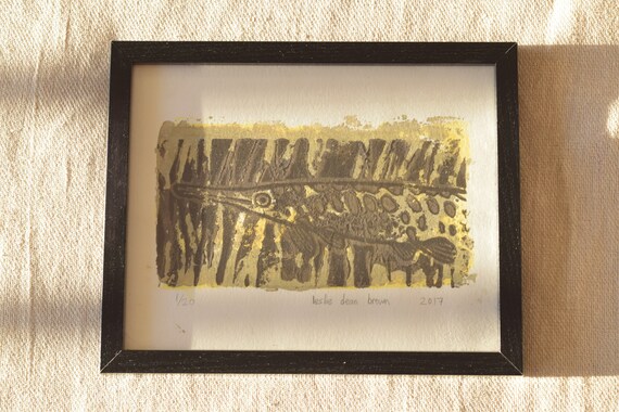 Long nose gar pike garpike fish in reeds lino print linoleum | Etsy