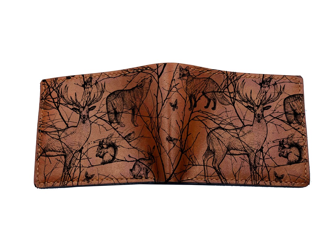 Custom Leather Men's Wallet, Engraved Deer Wolf Forest Animal Pattern ...