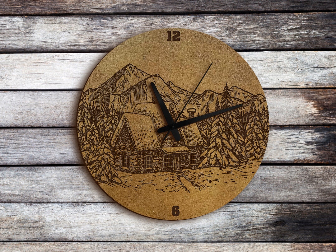 Leather Landscape Wall Clock: Engraved Country House Art - Etsy