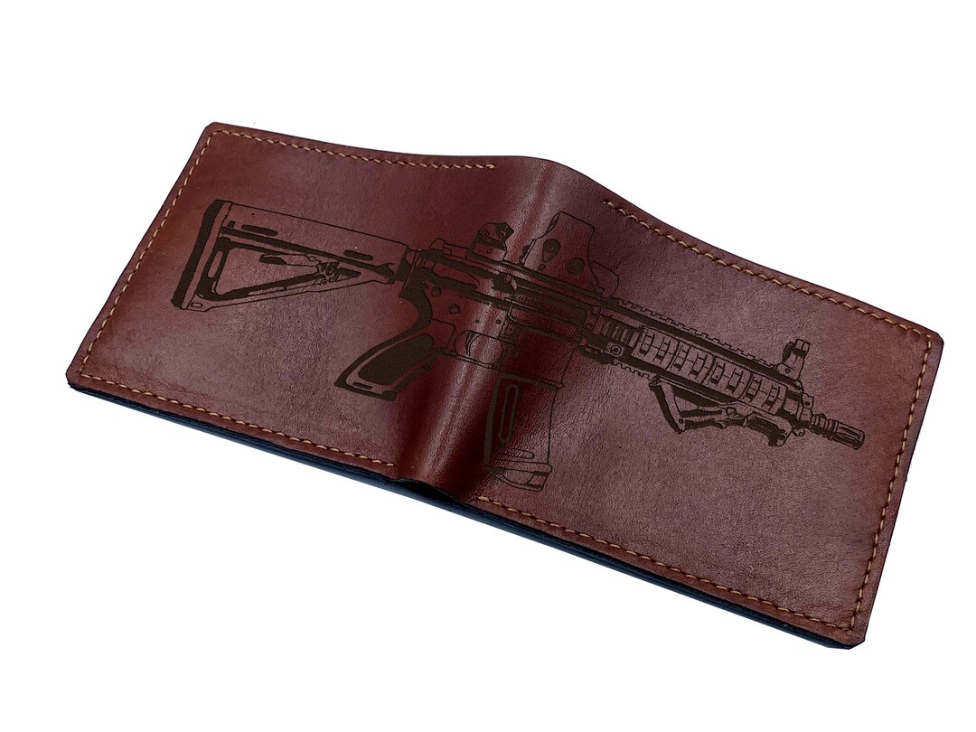 Personalized Leather Men's Wallet, Gun Pattern Men Gift, Machine Gun ...