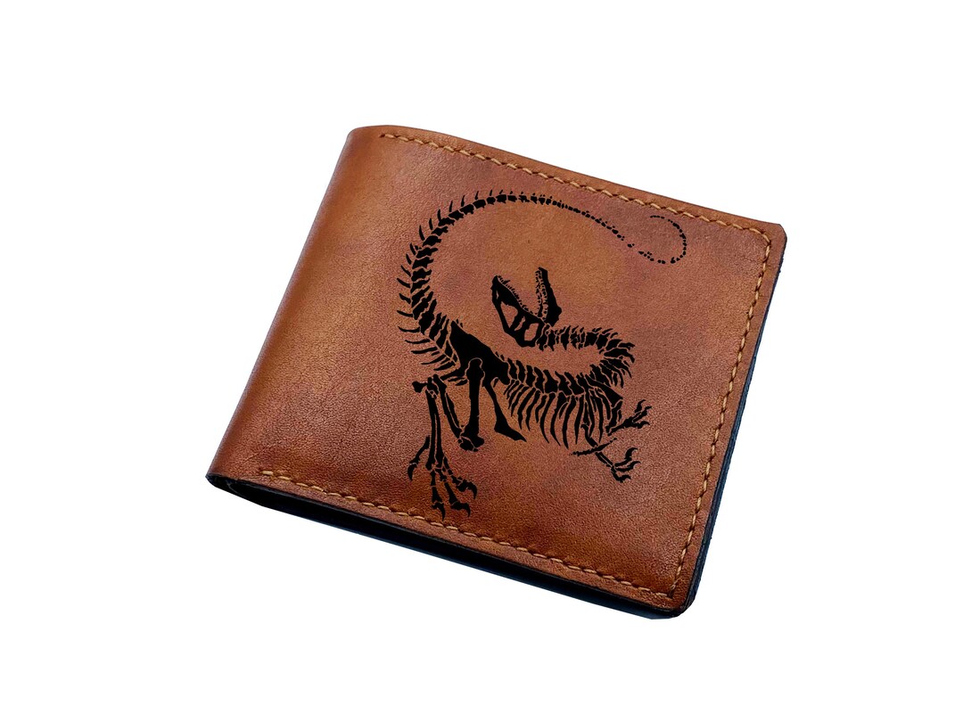 Velociraptor Leather Wallet: Dinosaur Skeleton, Custom Engraved - Etsy
