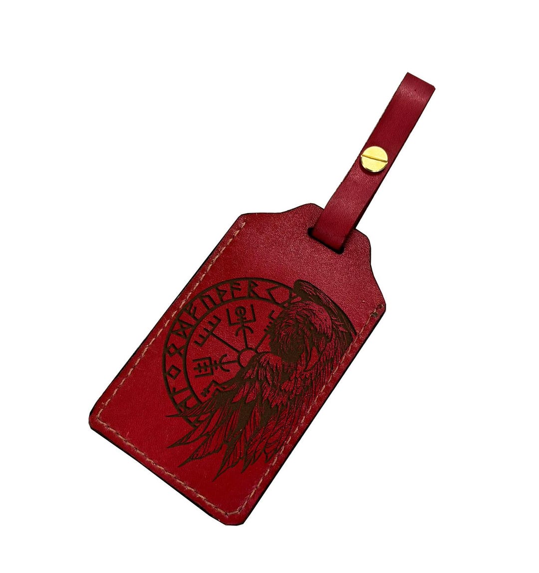 Engraved Raven Leather Luggage Tag: Celtic Viking Compass, Custom Name ...