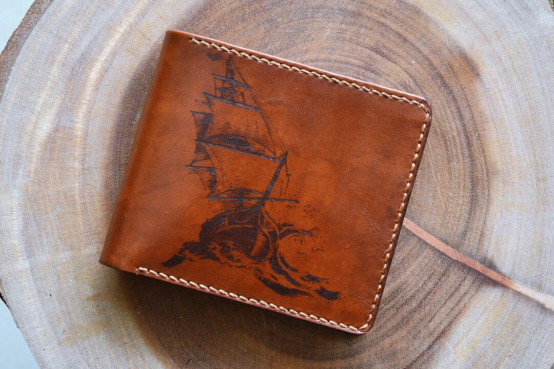 Sailing Ship Leather Wallet, Ocean Sea Design, RFID, Personalized Gift ...