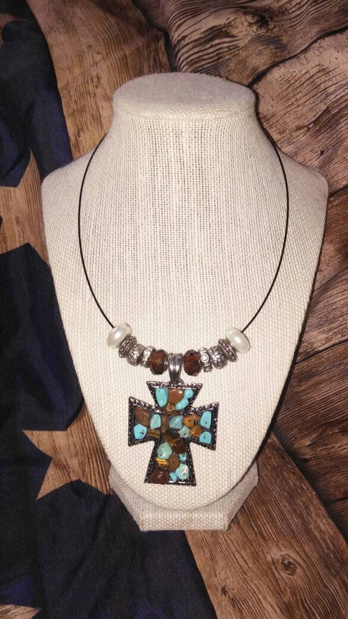 Beaded Cross in Turquoise and Brown Looking Stones - Etsy