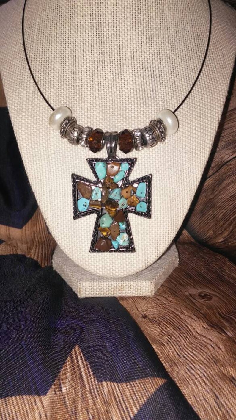 Beaded Cross in Turquoise and Brown Looking Stones - Etsy