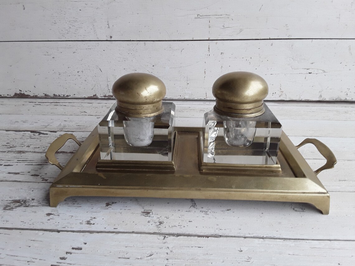 Antique Polished Brass Double Ink Well Holder/ Vintage 1930's Crystal ...