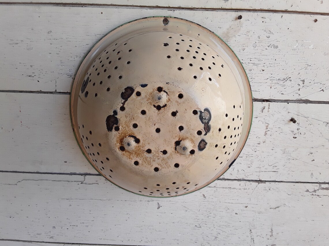 Cream and Green Enamel Colander Vintage French Cream and Green | Etsy